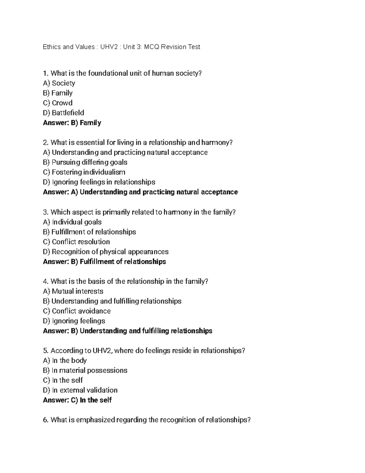 UHV2: Unit 3 Ethics and Values MCQ Revision Test - Studocu