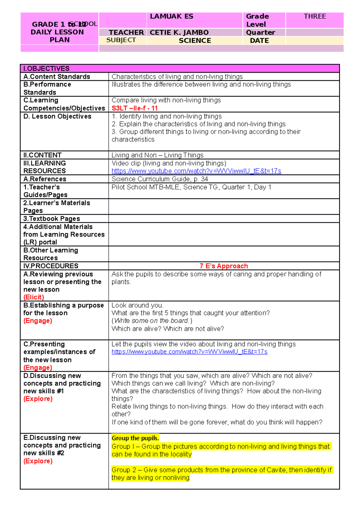 Science-3-COT: Lesson Plan on Living and Non-Living Things - Studocu