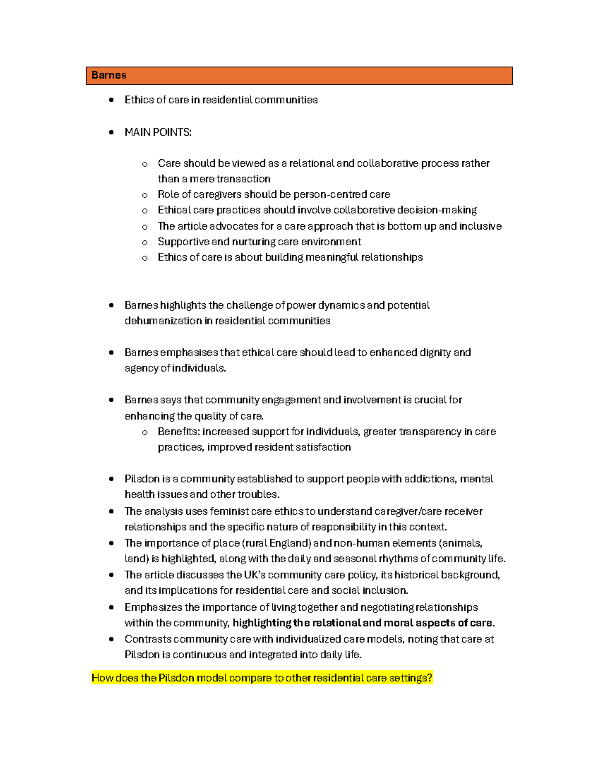 Pilsdon Community Care Model: Ethics and Relational Dynamics - Studocu