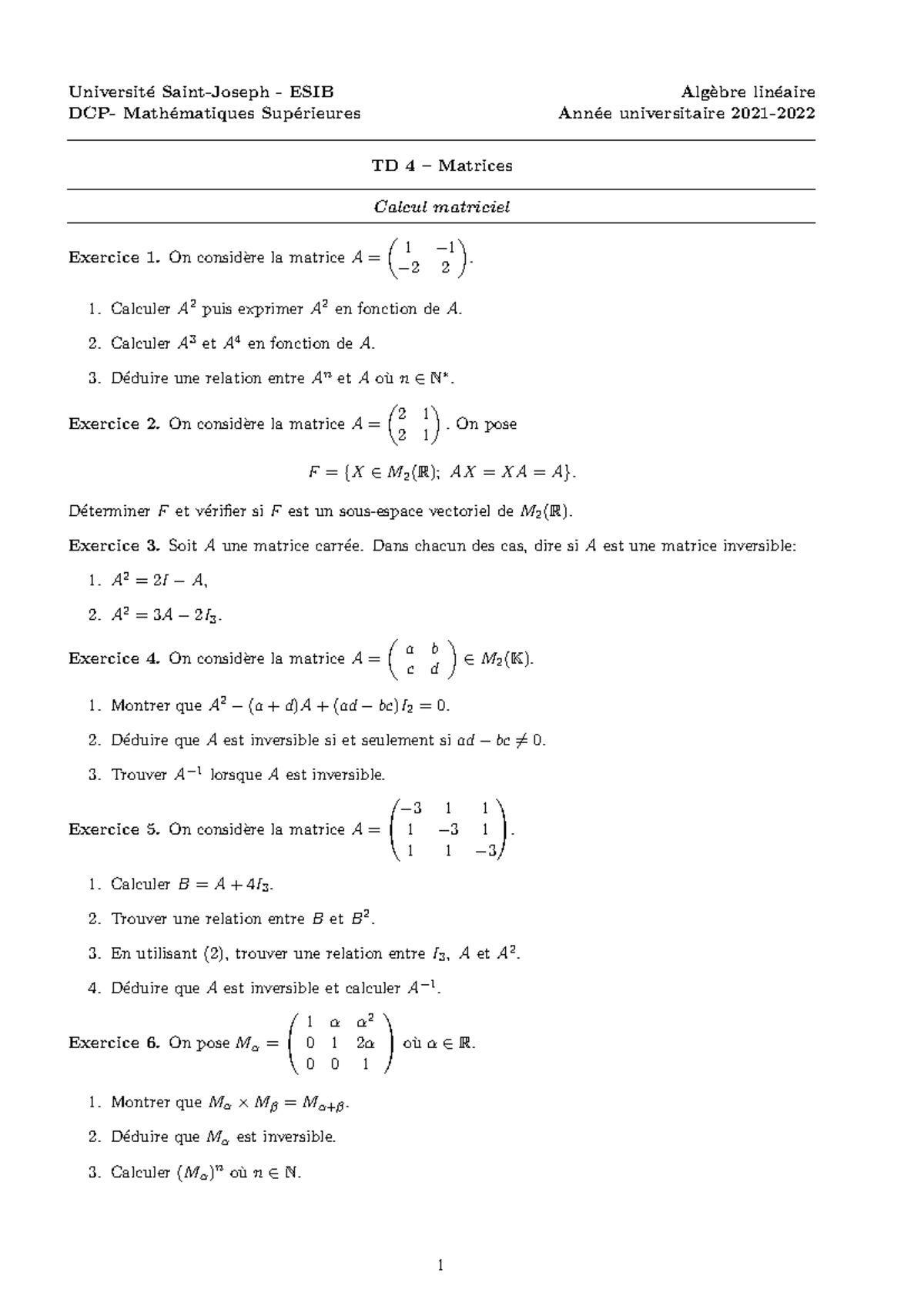 TD 4 - Matrices et Calcul Matriciel - MATHS - Studocu