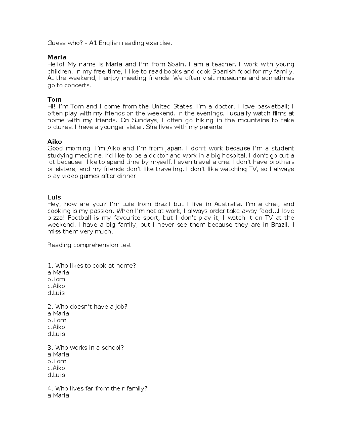 A1 English Reading Exercise: Guess Who? Practice Activities - Studocu