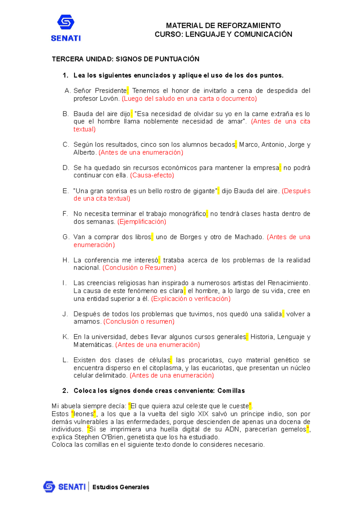 Hojas De Trabajo De Comillas Con Respuestas Lic. Rafael Emilio