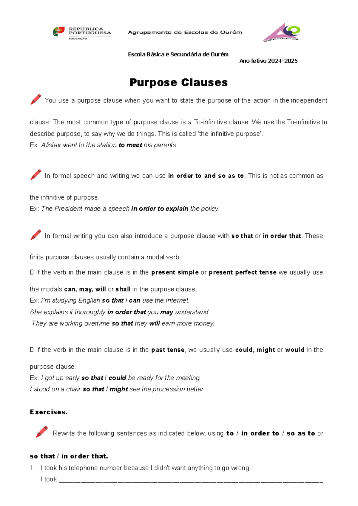 Purpose clauses worksheet - Escola Básica e Secundária de Ourém Ano ...