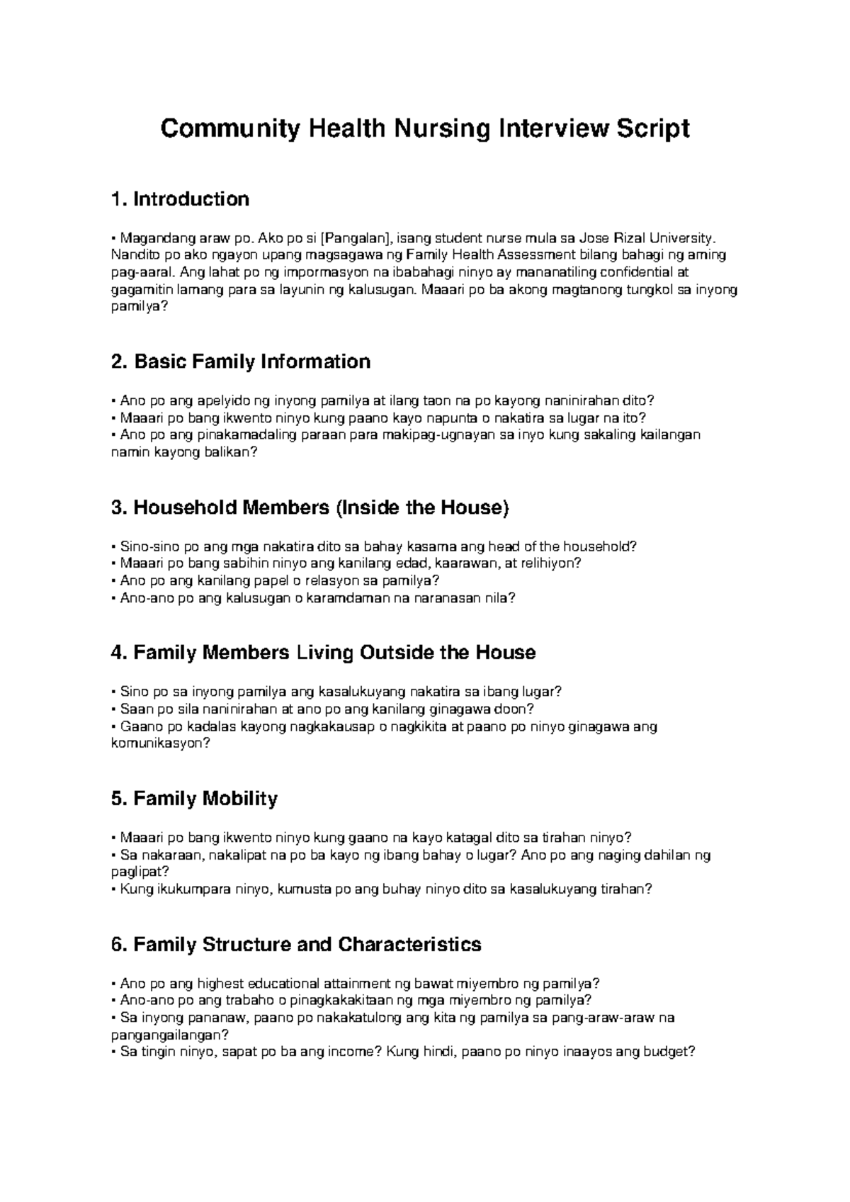 Community Health Nursing Interview Script: Family Health Assessment ...