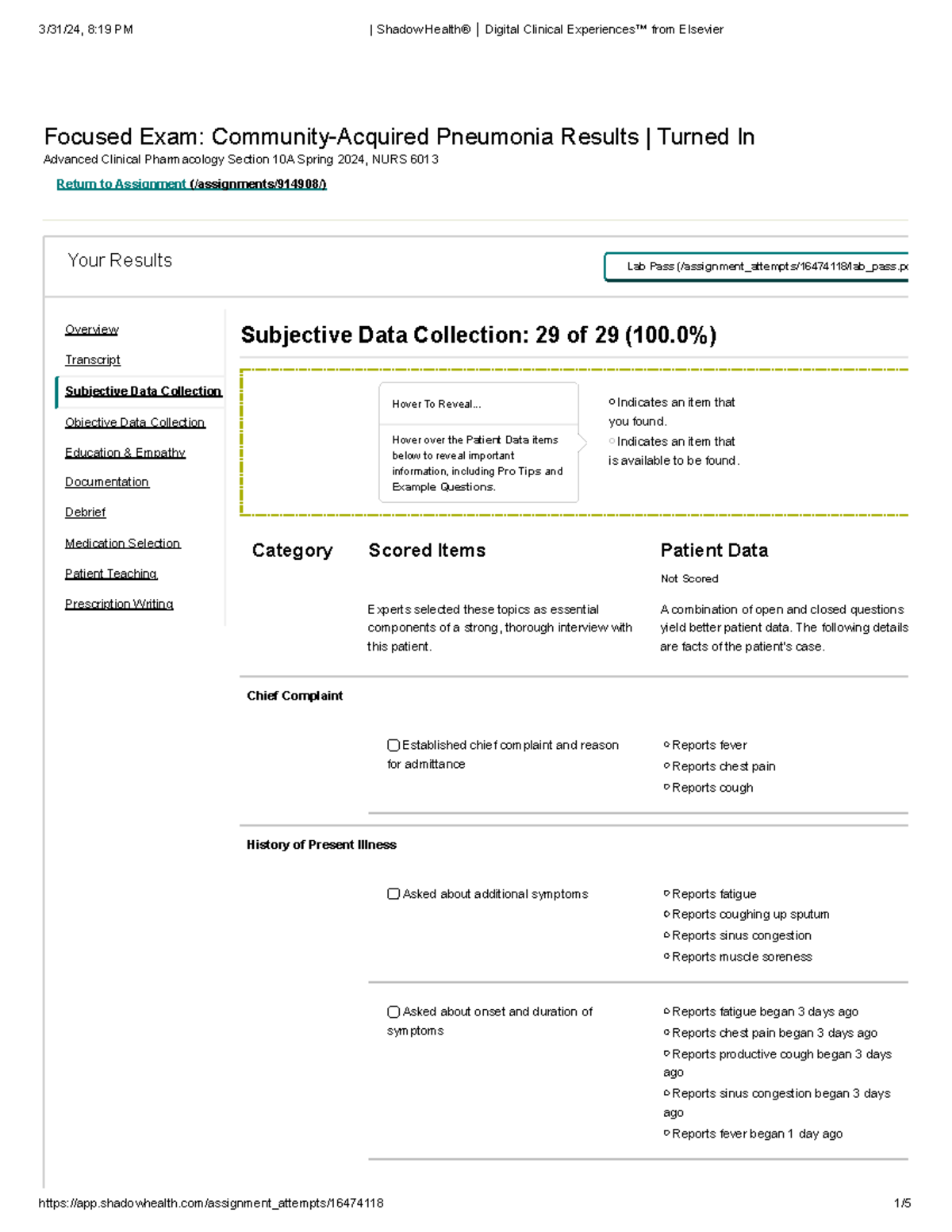 Subjective Data Collection: Community-Acquired Pneumonia NURS 6013 ...