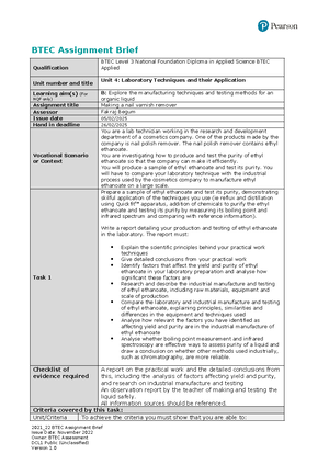 Unit 19 Task 3C U2C Combined NEW 2025 - BTEC Assignment Brief Qualification Pearson BTEC Level 3 ...