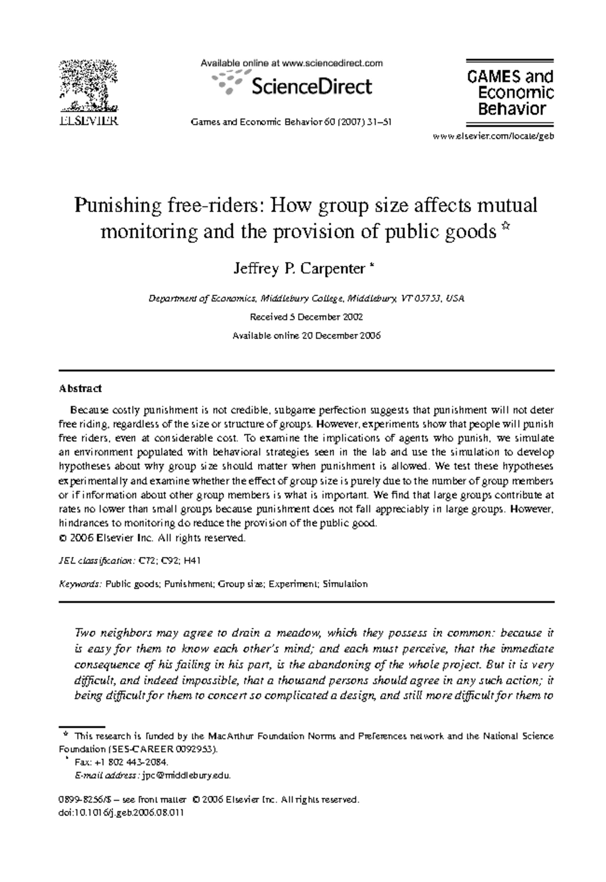 Punishing free-riders- How group size affects mutual monitoring and the ...