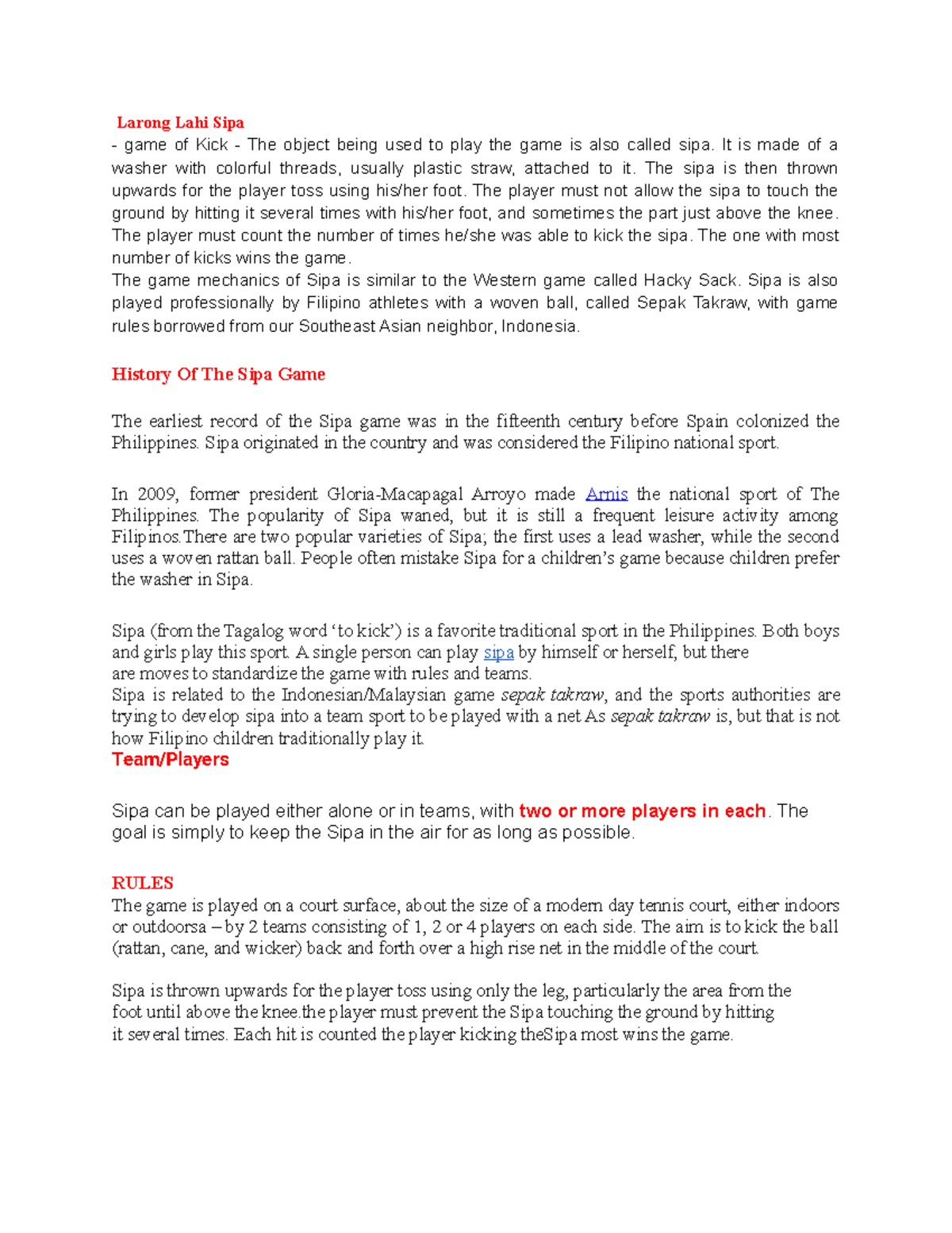 Sipa1 - Traditional Sipa Game: Rules and How to Play Guide - Studocu