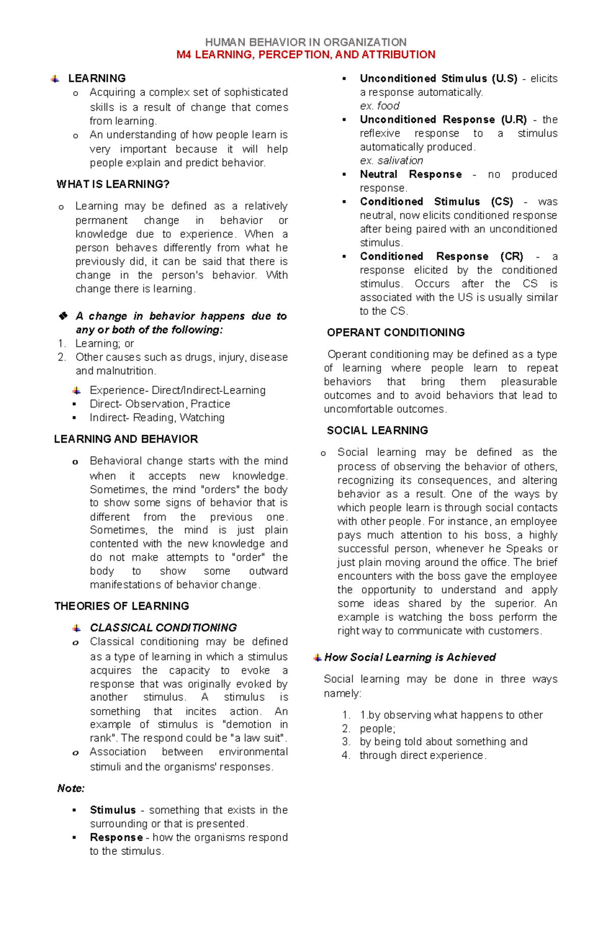 Learning, Perception, AND Attribution - HUMAN BEHAVIOR IN ORGANIZATION M4 LEARNING, PERCEPTION ...