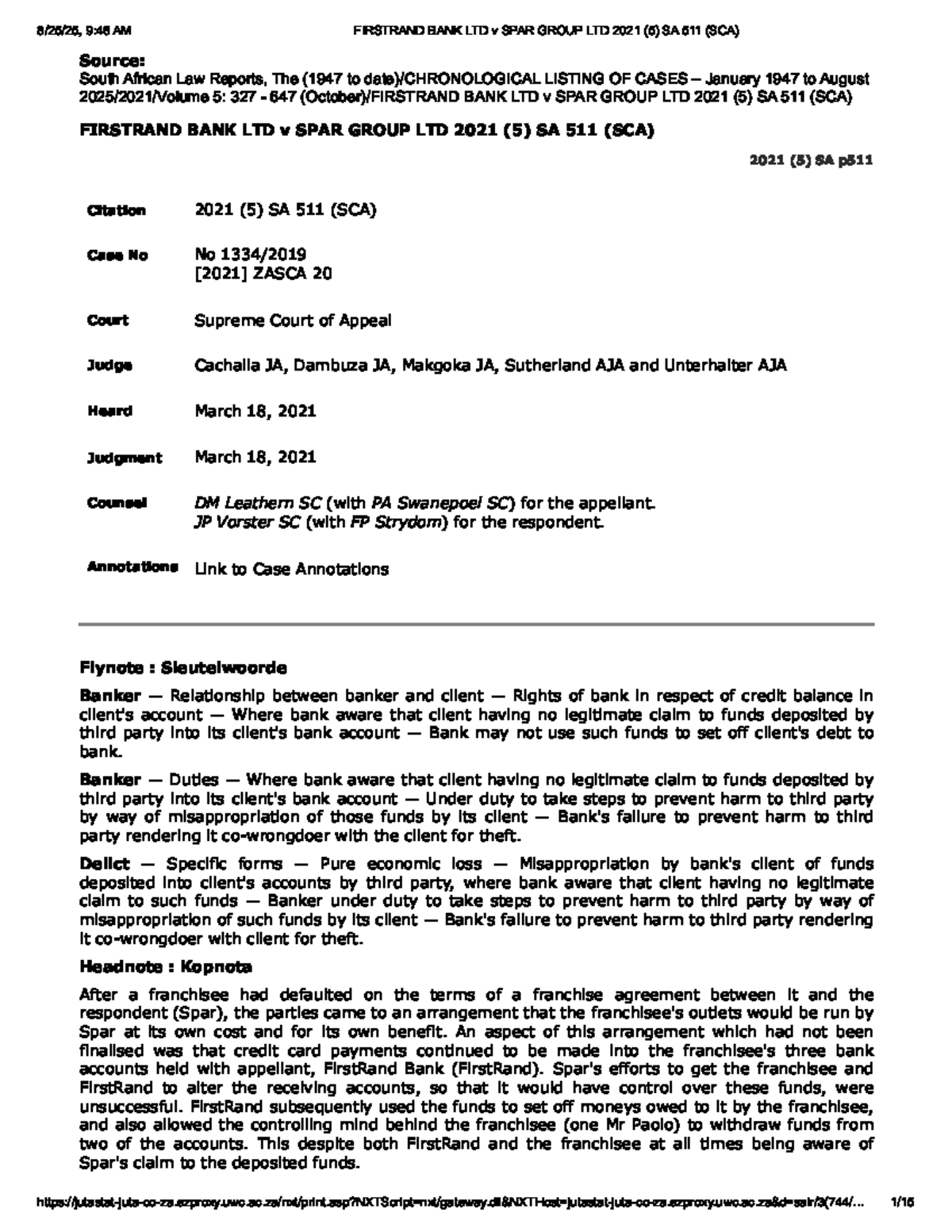 Firstrand Bank Ltd v Spar Group Ltd 2021 Case Study SA 511 SCA - Studocu