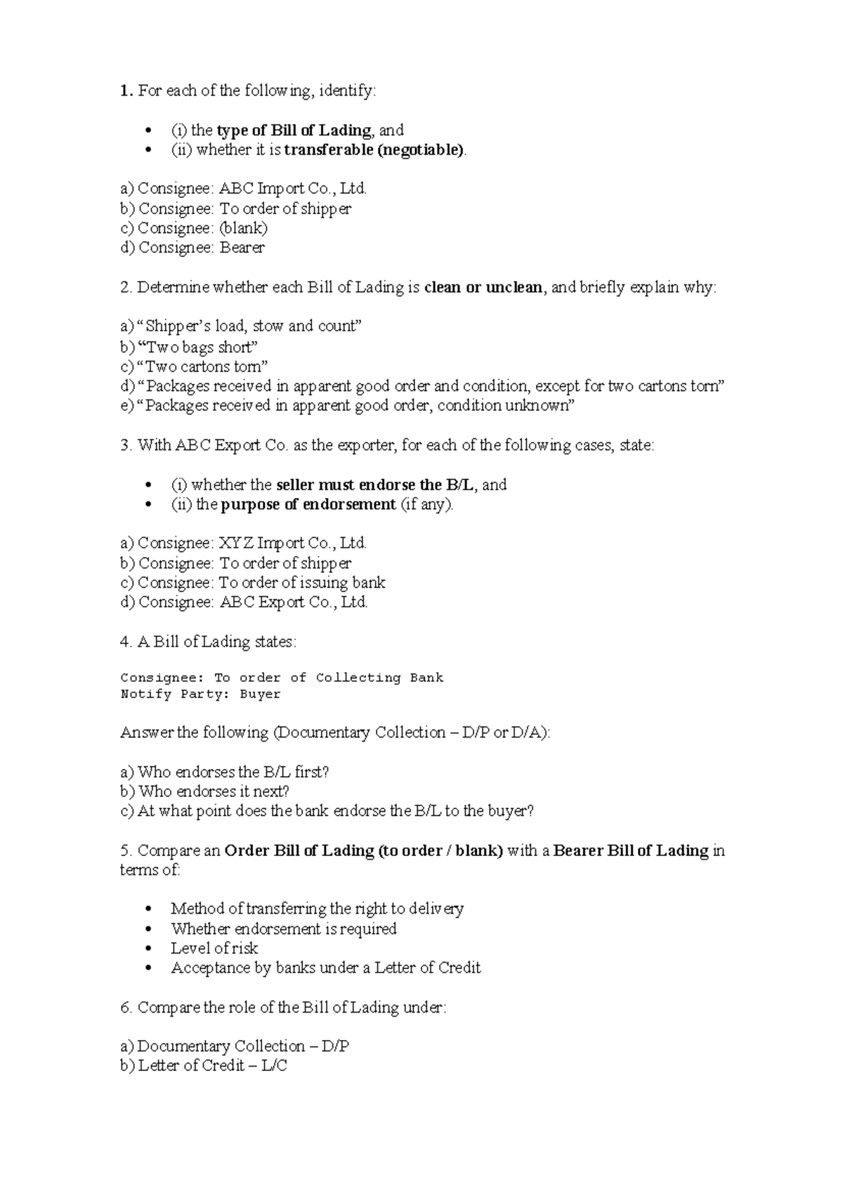 Bill of Lading Exercises: Types, Transferability & Comparisons - Studocu