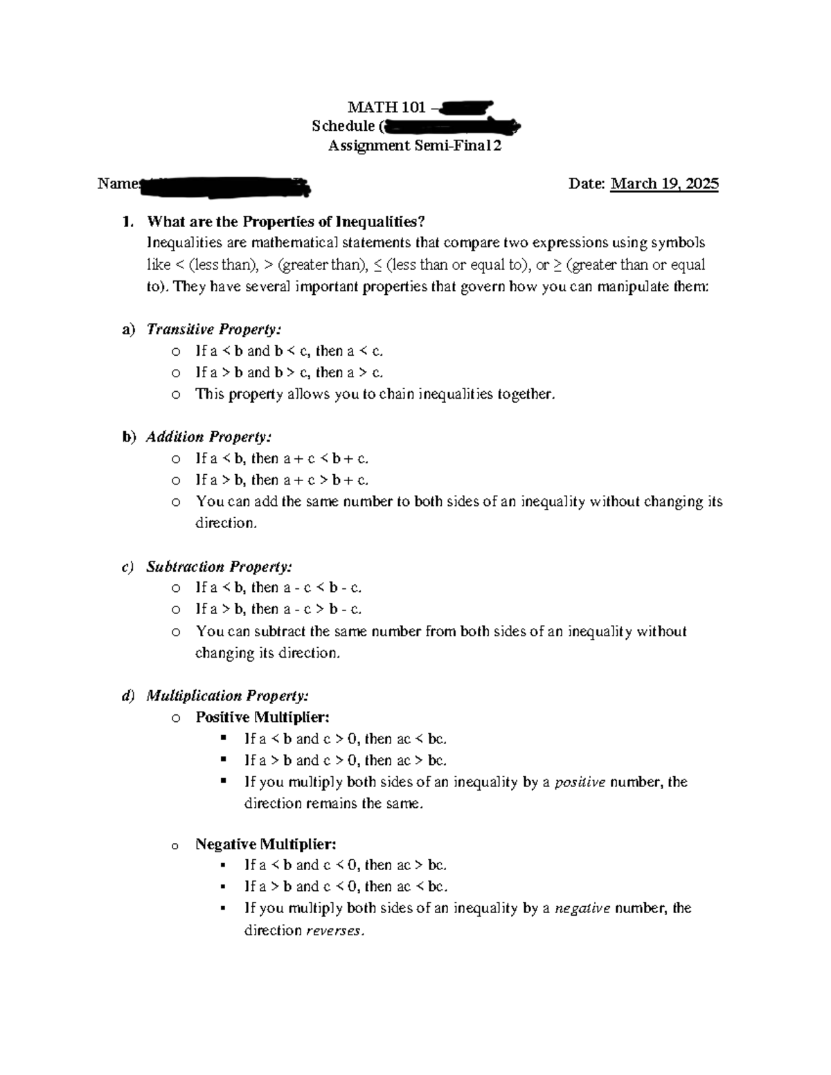 MATH ASF2 - Math Assignment - MATH 101 – 91156 Schedule (10:30-12:00 ...