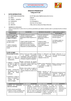 Sesion verb to be - PARA EDUCACION SECUNDARIA - SESION DE APRENDIZAJE N° 01 I. DATOS GENERALES ...