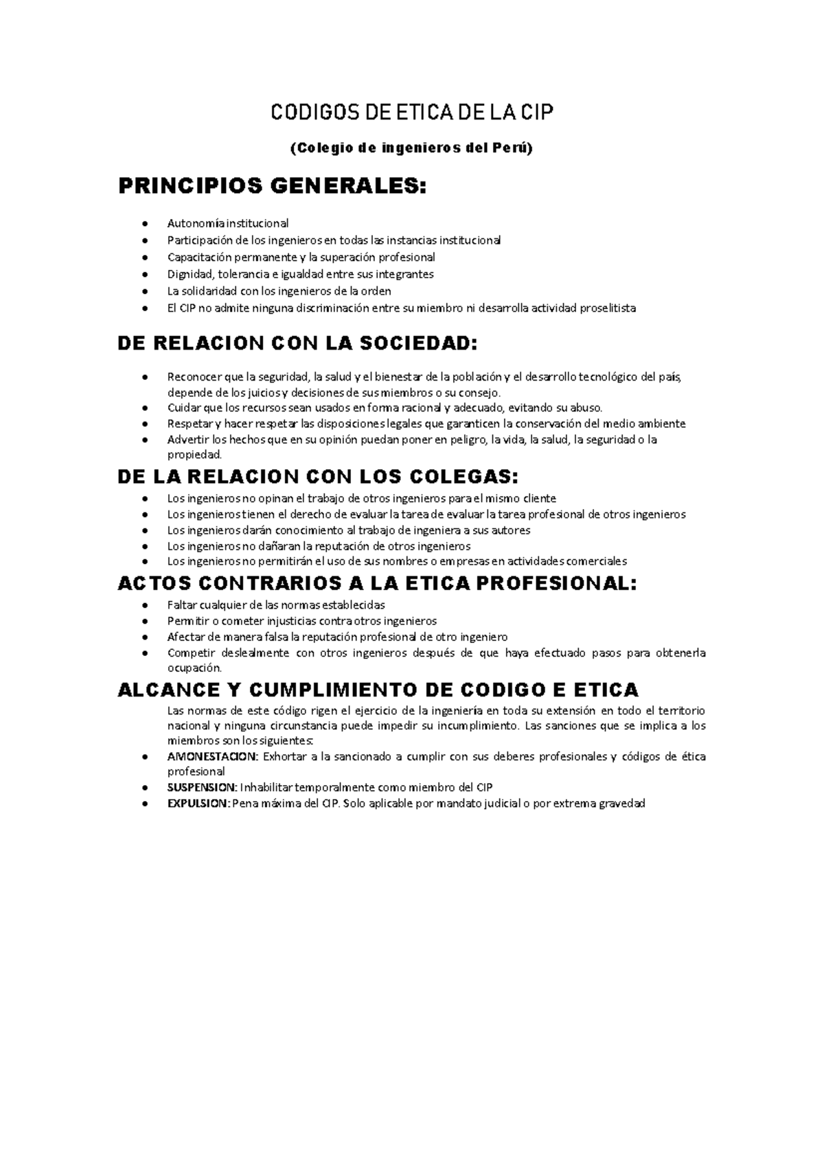 Códigos de Ética del CIP: Principios y Normas Profesionales - Studocu
