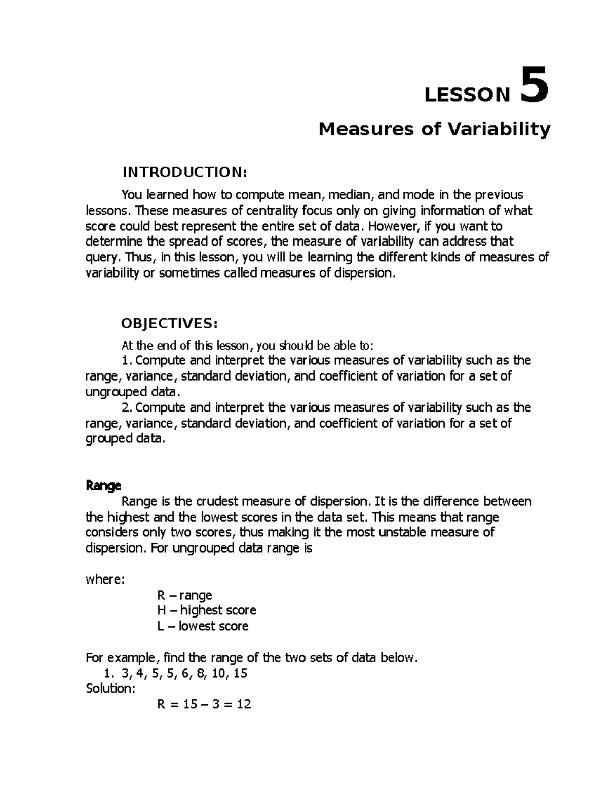 Lesson-5 Measures-of-Variability - OBJECTIVES: INTRODUCTION: LESSON 5 ...