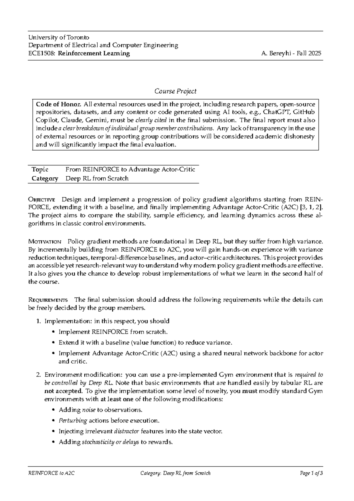 ECE1508: Course Project on Reinforcement Learning - From REINFORCE to ...