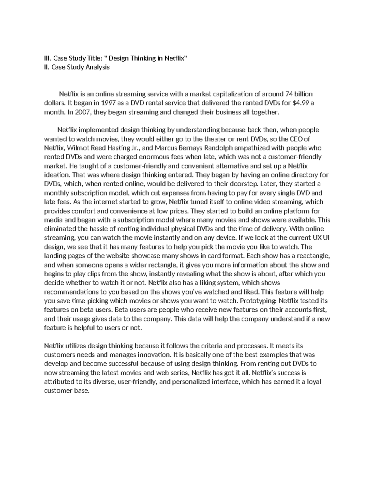 CS Gentrep Paguio - Case Study on Design Thinking at Netflix - Studocu