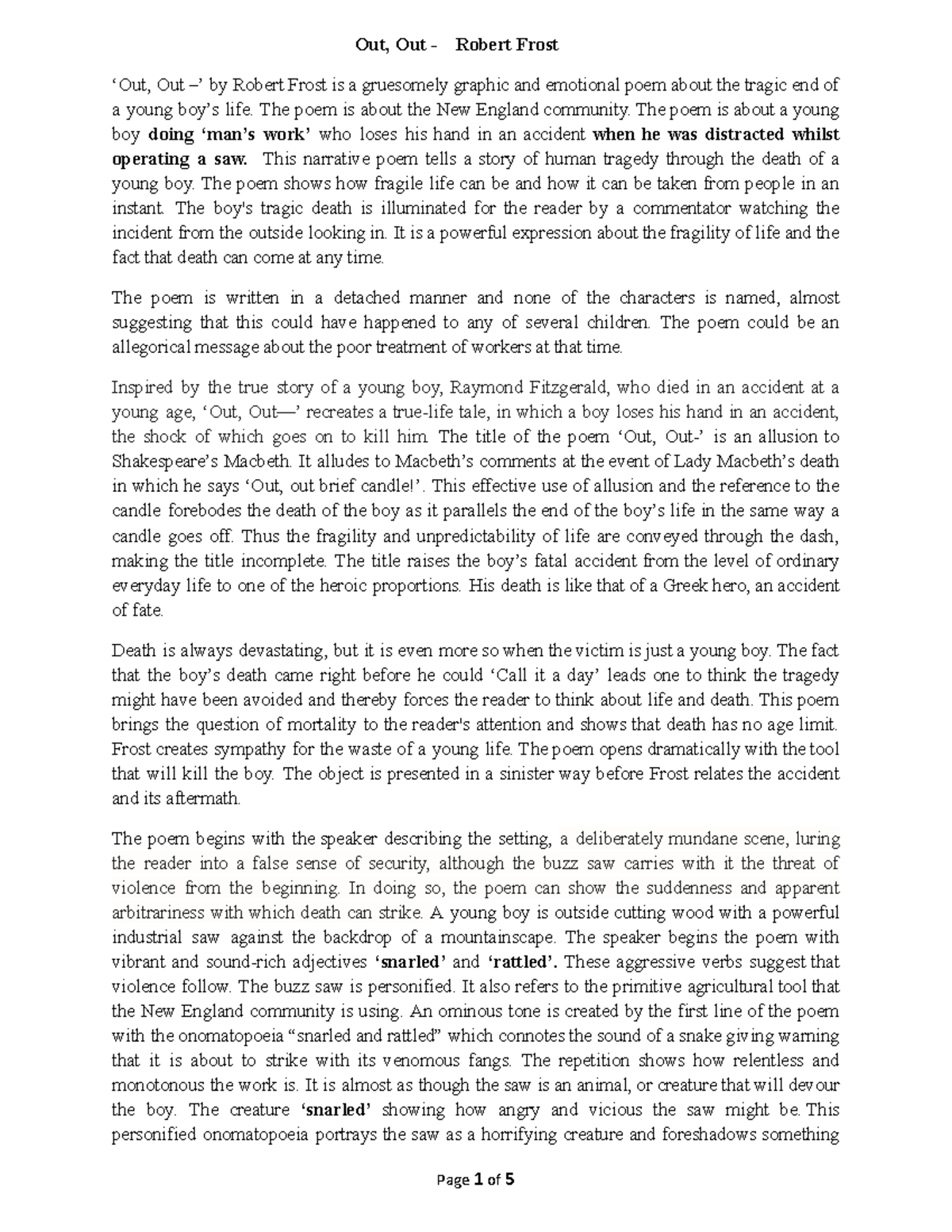 Out, Out - Robert Frost: IGCSE Paper 2 Analysis Notes - Studocu