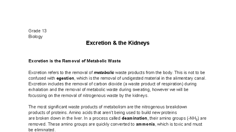 Grade 13 Biology: Excretion & the Kidneys Notes - Studocu