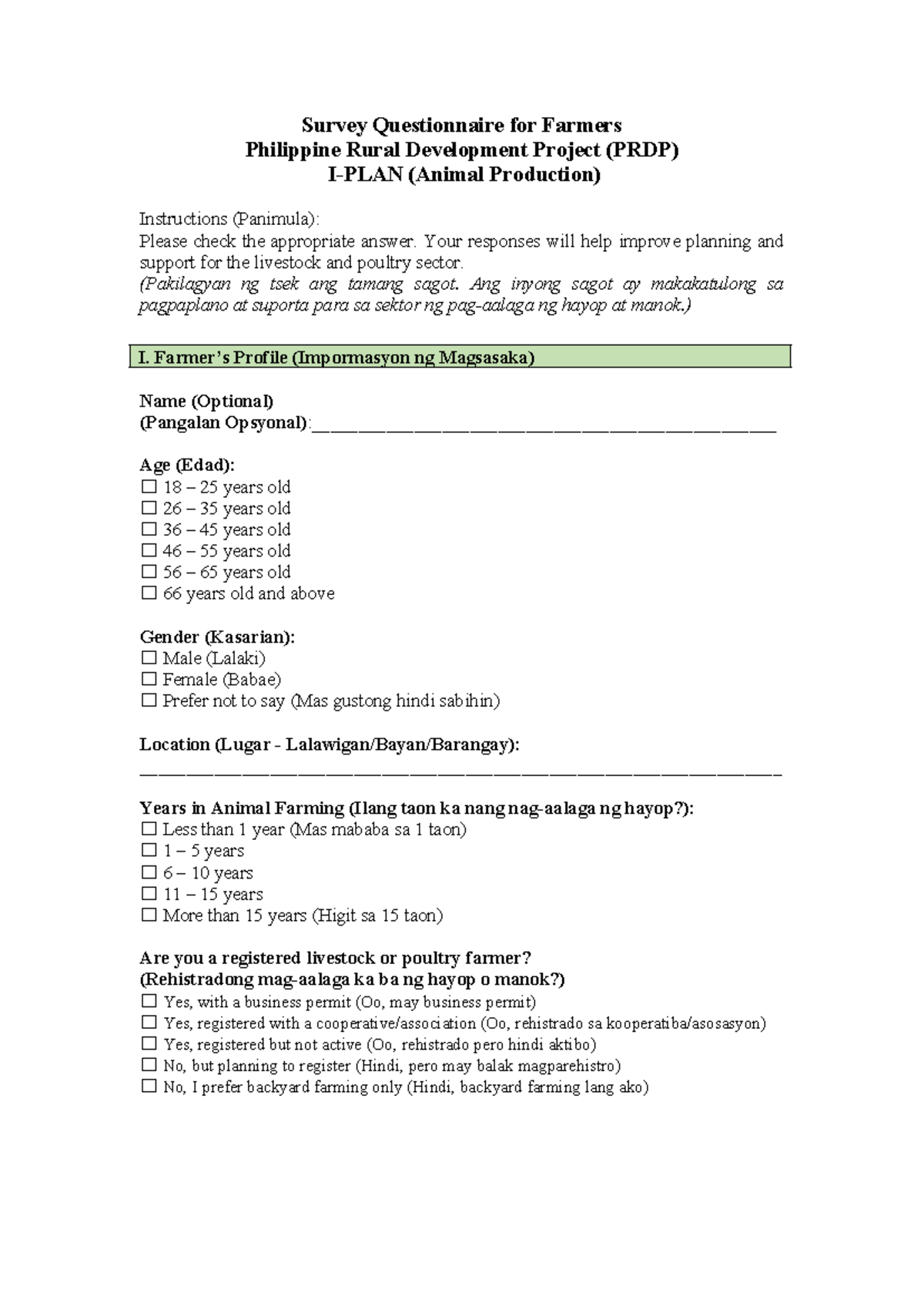 I-PLAN PRDP Survey Questionnaire for Animal Farmers - Studocu