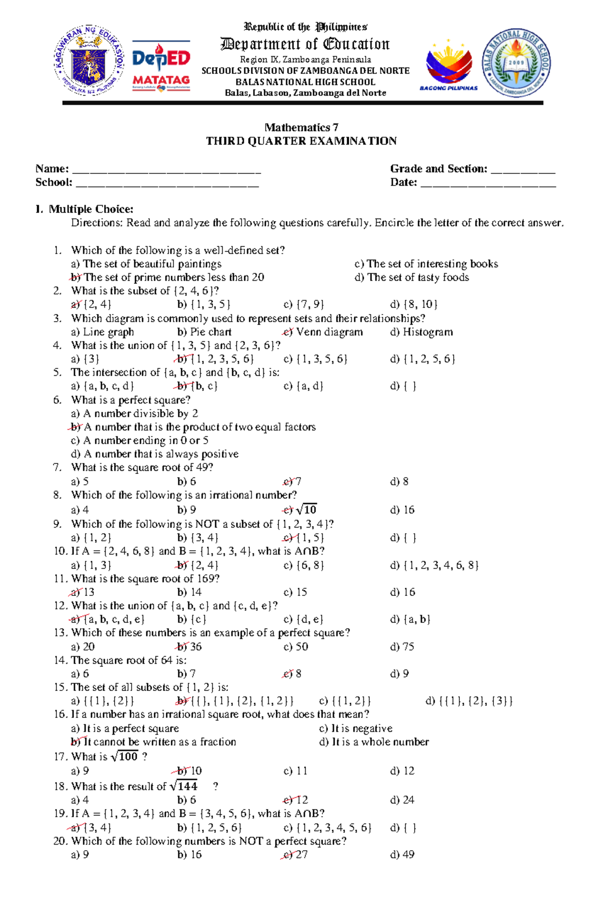 Mathematics 7 with answer key - Mathematics 7 THIRD QUARTER EXAMINATION ...