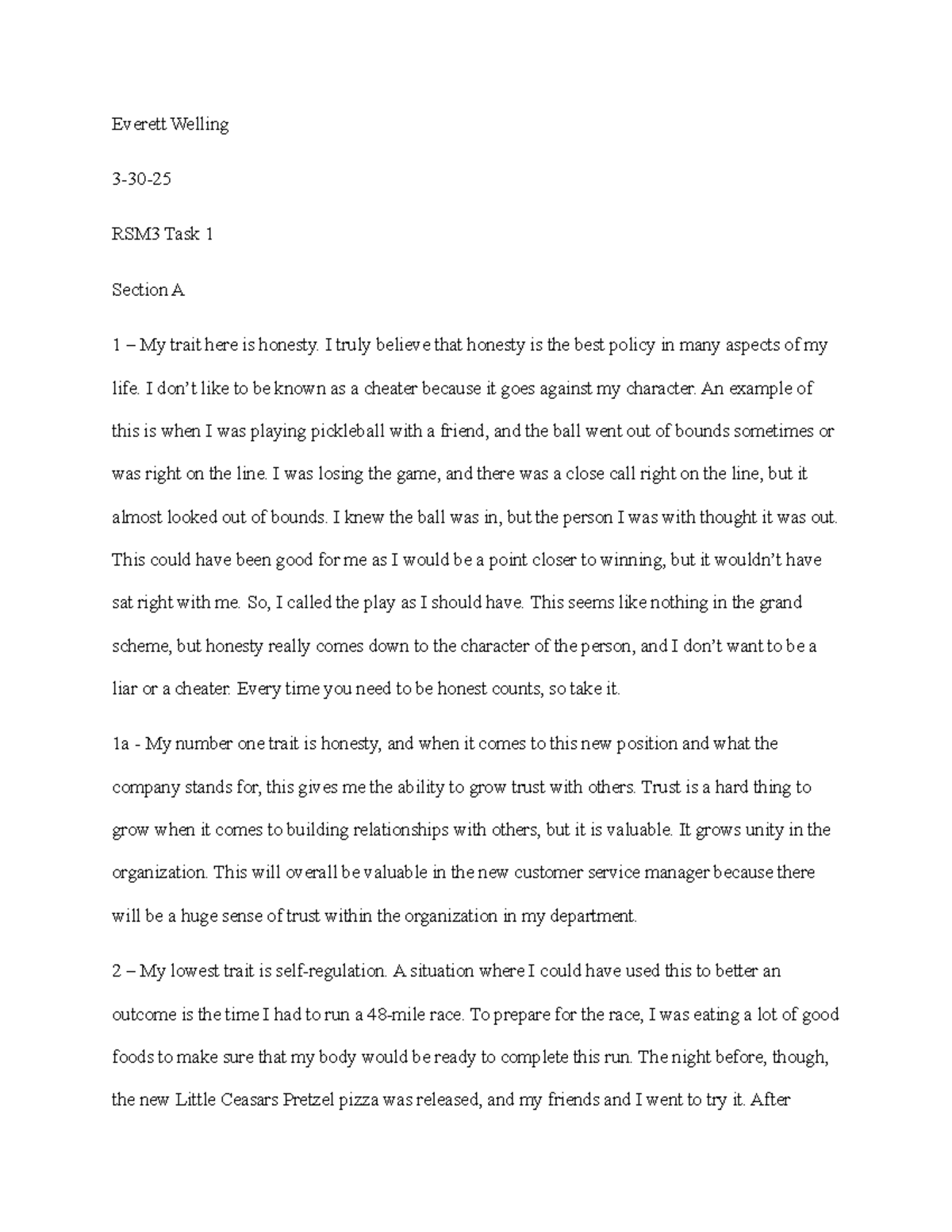 RSM3 Task 1 - Honesty and Integrity in Leadership Values - Studocu