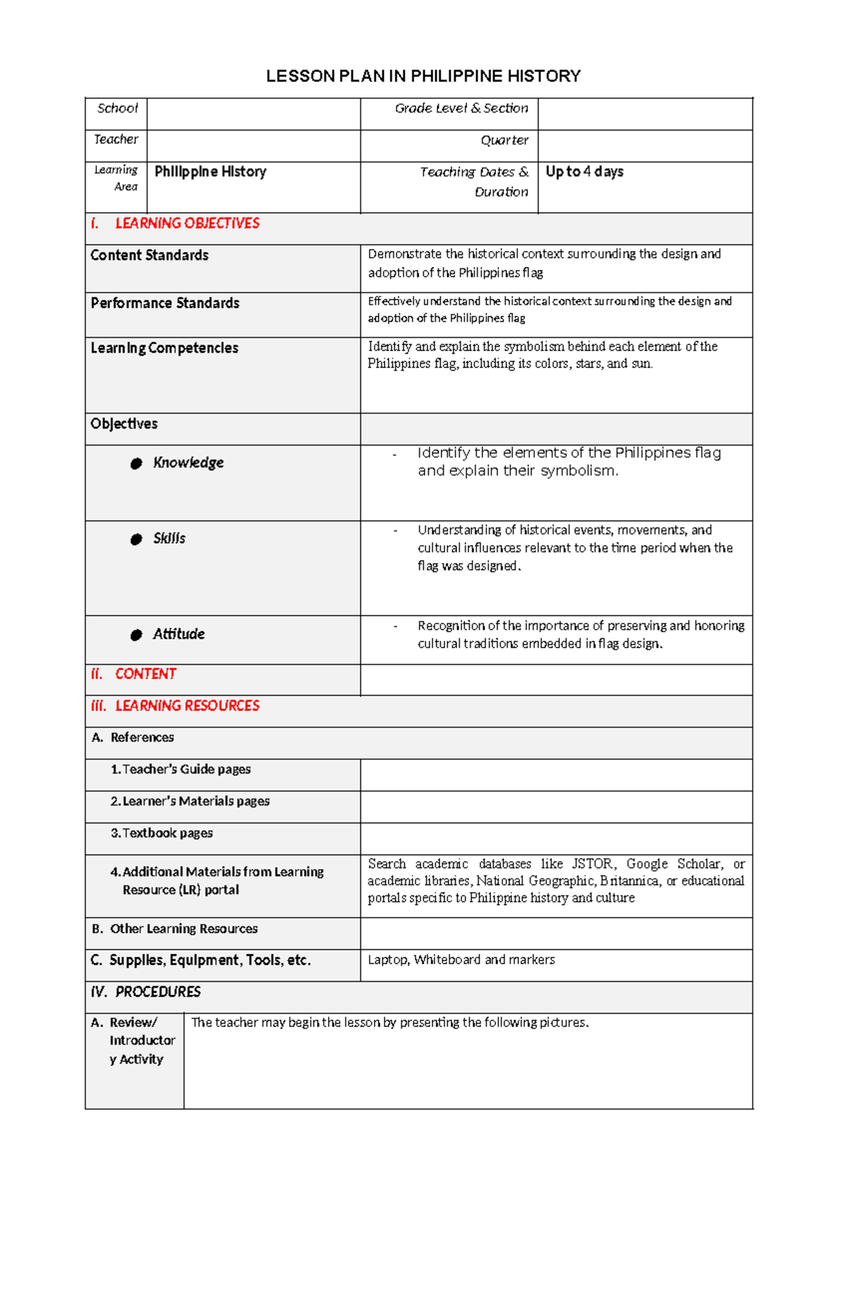 Lesson Plan: Understanding Philippine History & National Flag Symbolism ...