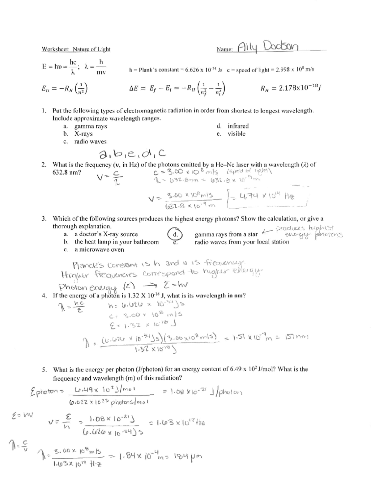 Nature of Light Worksheet for Physics 101: Understanding Photons and ...