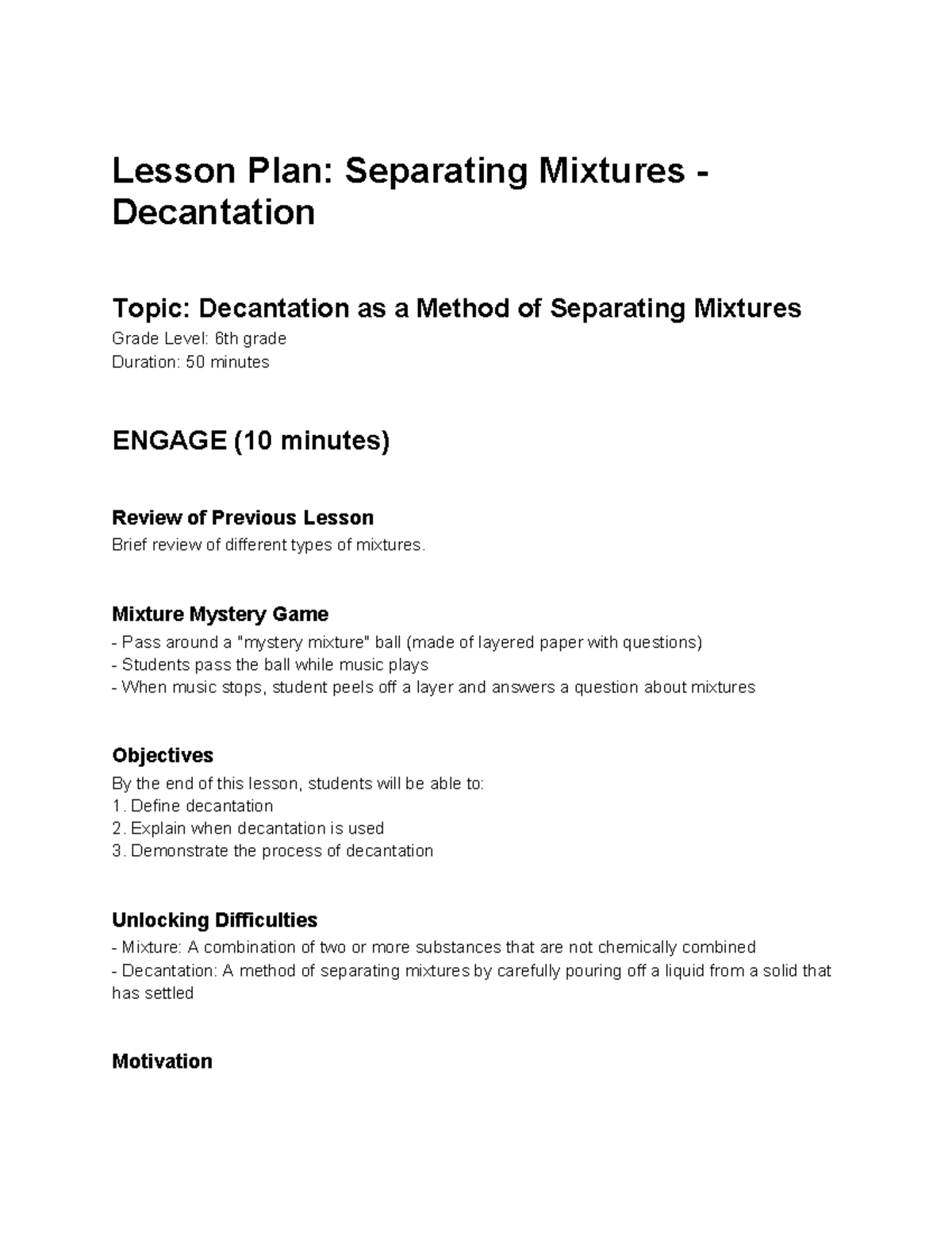 6th Grade Lesson Plan on Decantation: Separating Mixtures Techniques ...