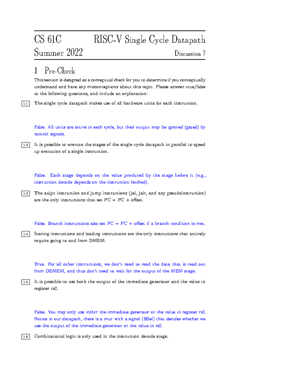 CS61C Summer 2022 Discussion 7 Solutions on Single Cycle Datapath - Studocu