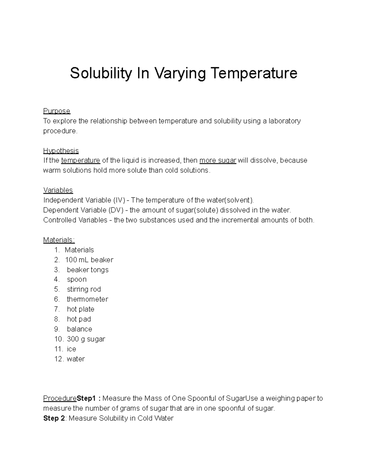 Solubility Lab Report: Exploring Temperature Effects on Sugar ...