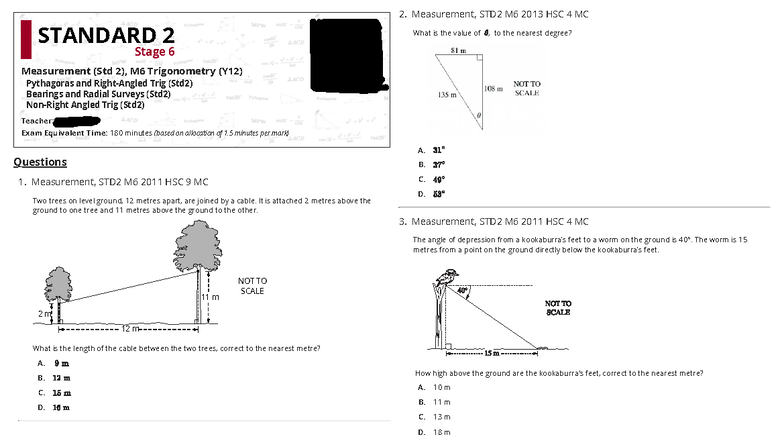 Trig Practice Questions for Measurement, STD2 M6 HSC - Studocu