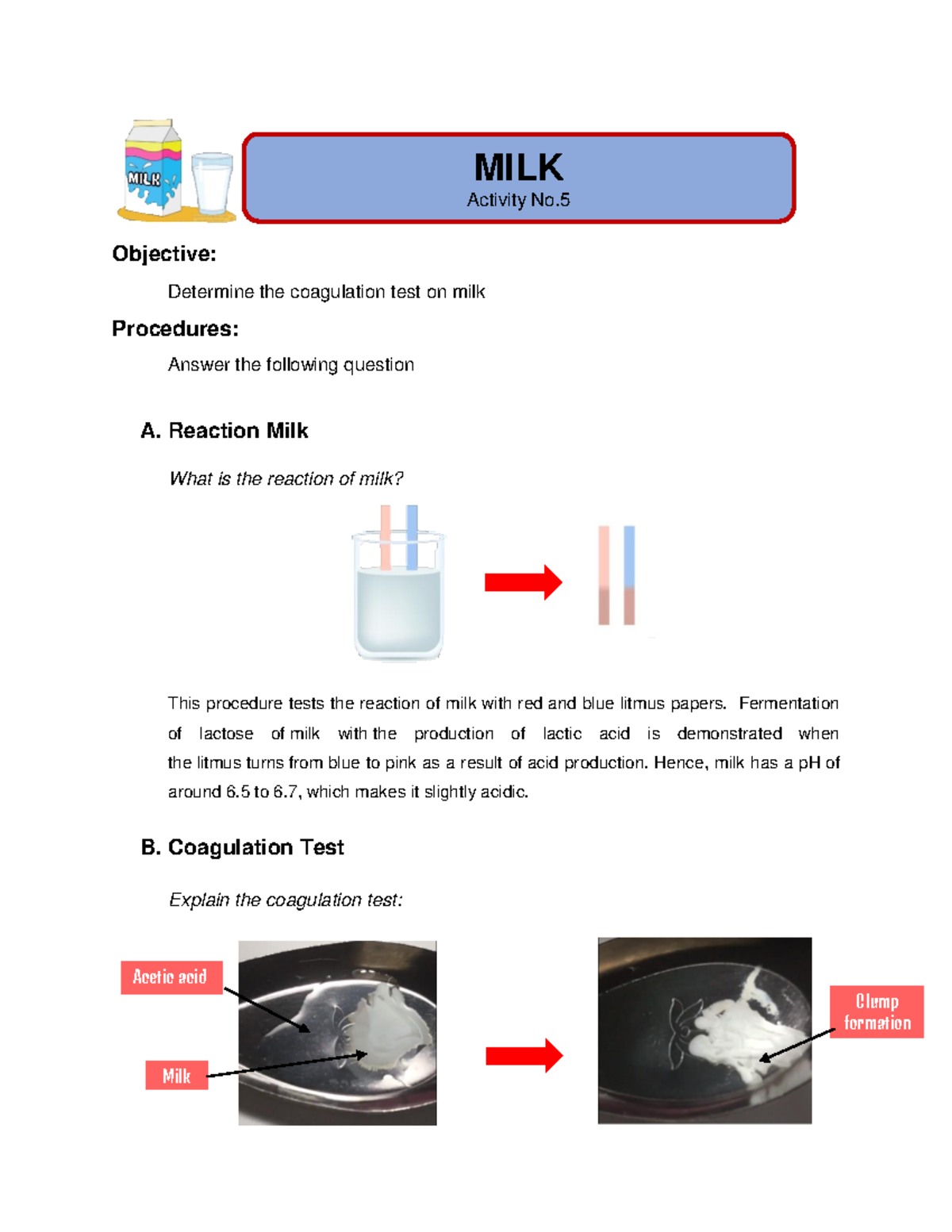 MILK- laboratory - Objective: Determine the coagulation test on milk ...