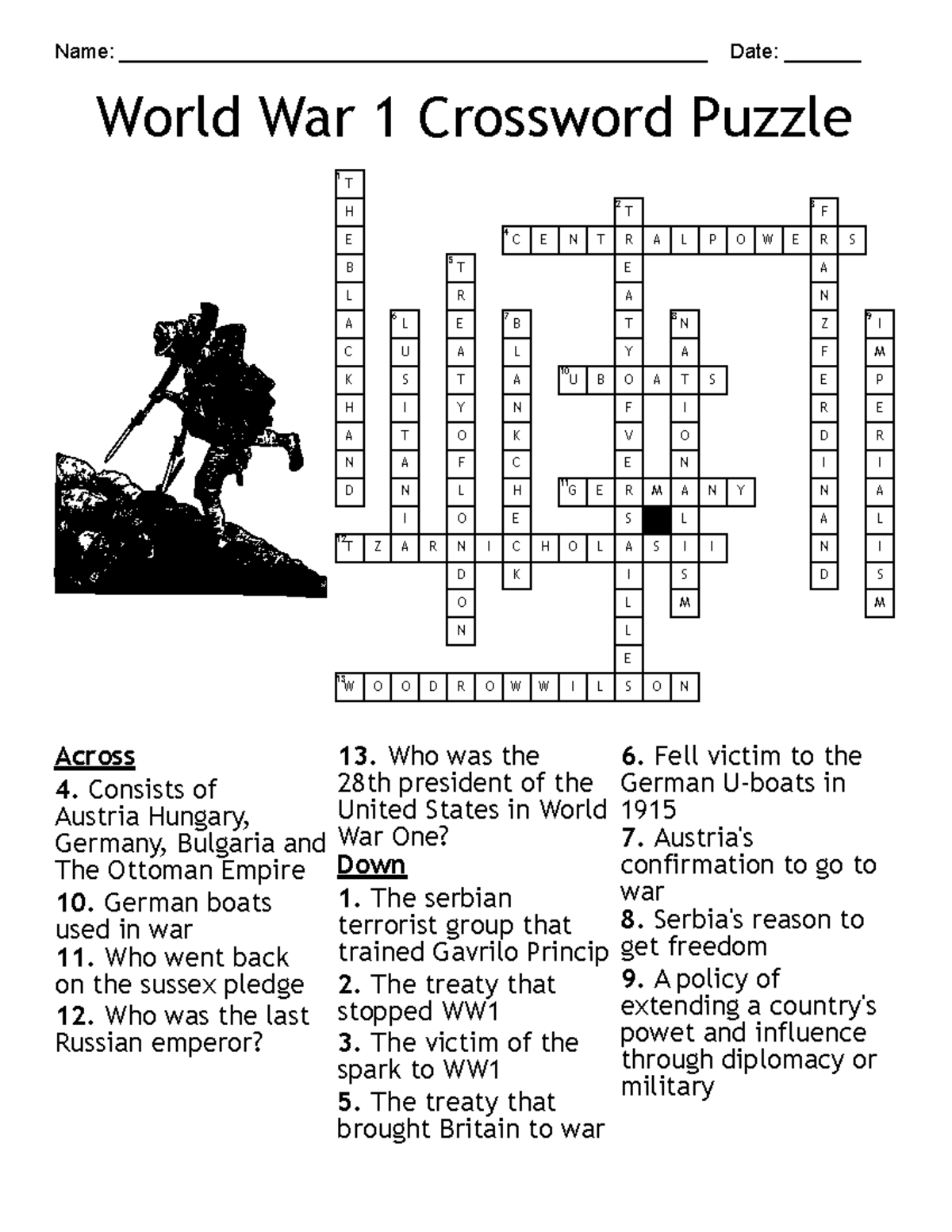 World War 1 Crossword Puzzle answer key - Name: - Studocu