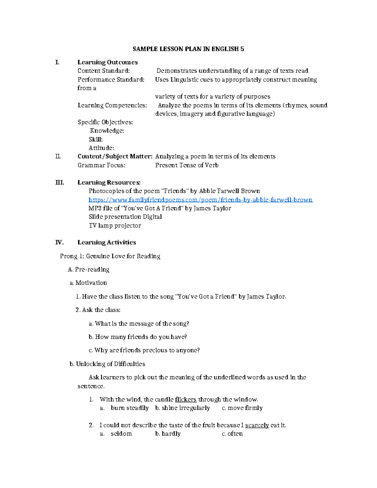 SAMPLE LESSON PLAN: ANALYZING POEMS IN ENGLISH 5 - Studocu