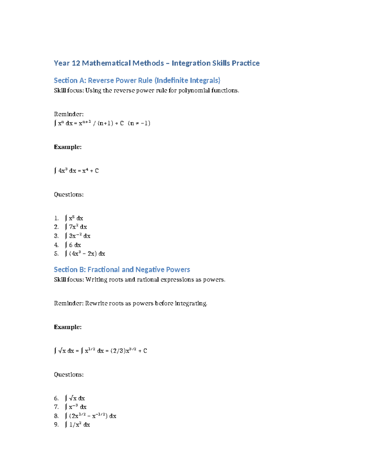 Year 12 Mathematical Methods Integration Practice: Reverse Power Rule ...