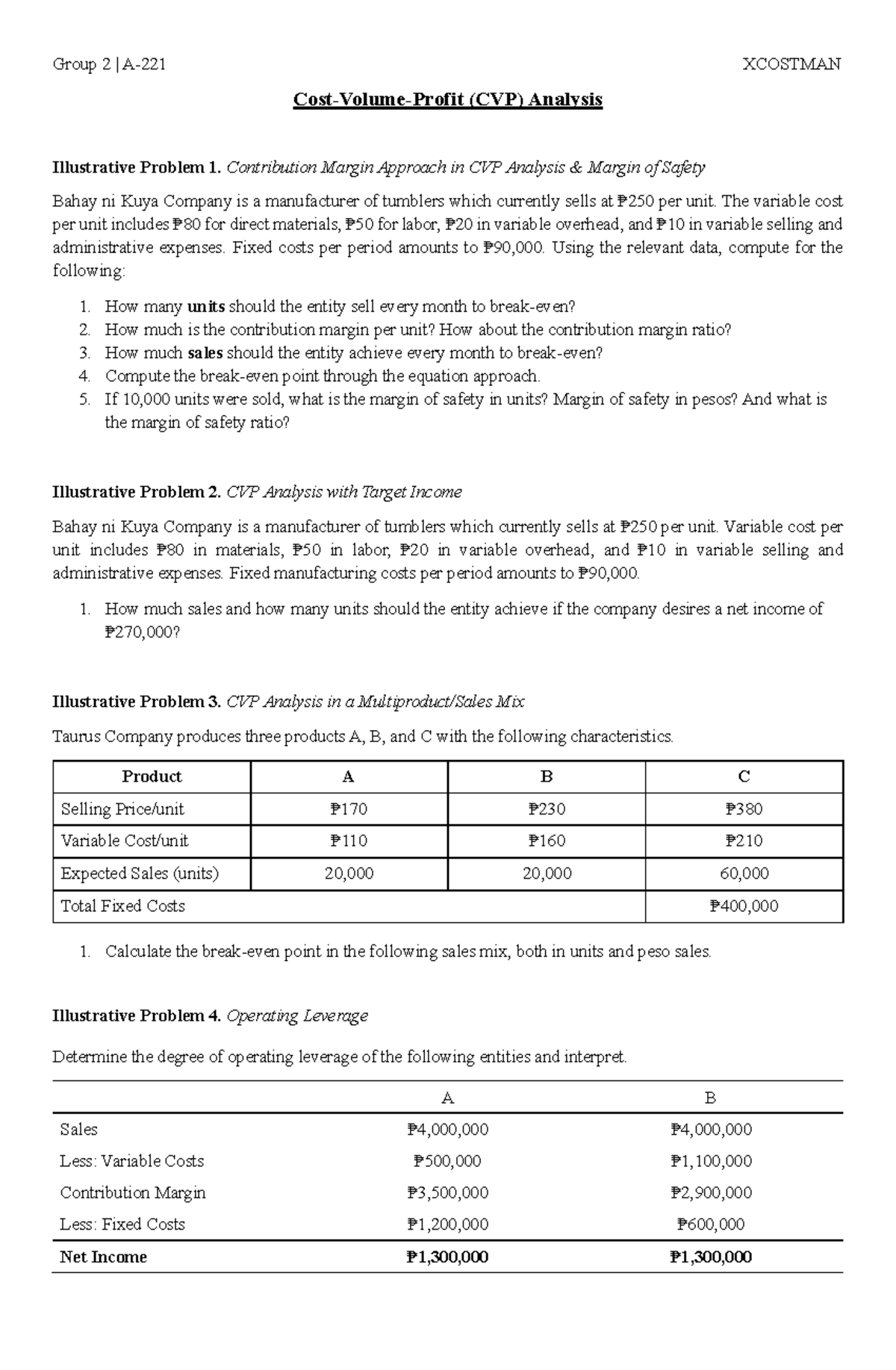 CVP Analysis Illustrative Problems - Contribution Margin Approach in CVP Analysis & Margin of ...