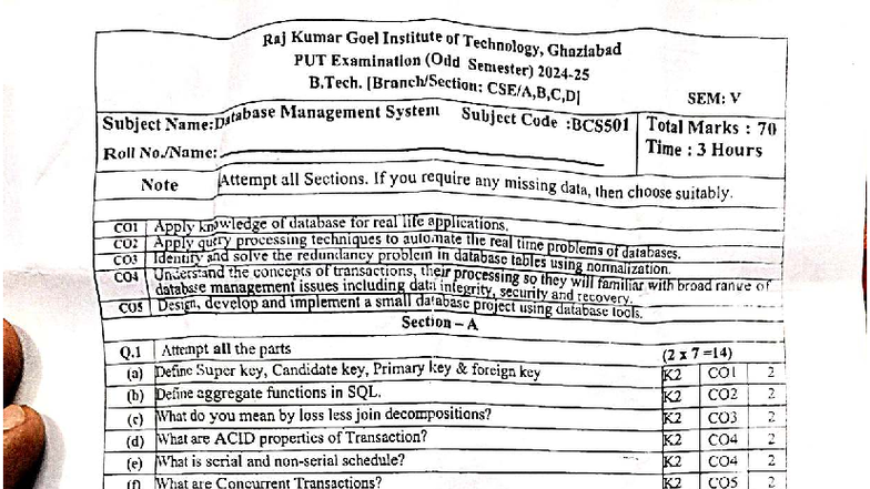 PUT Examination (Odd Semester) B.Tech. SEM: V - Management System & Web ...