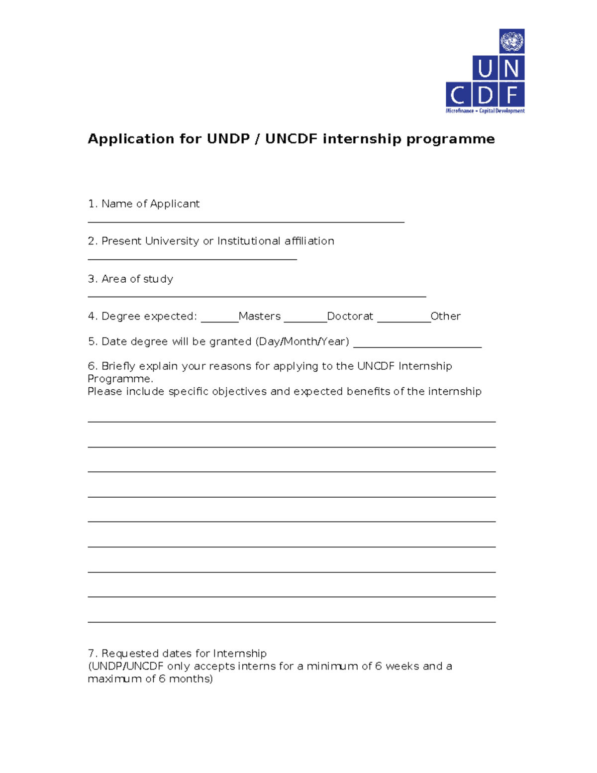 Internship - Application for UNDP / UNCDF internship programme Name of ...