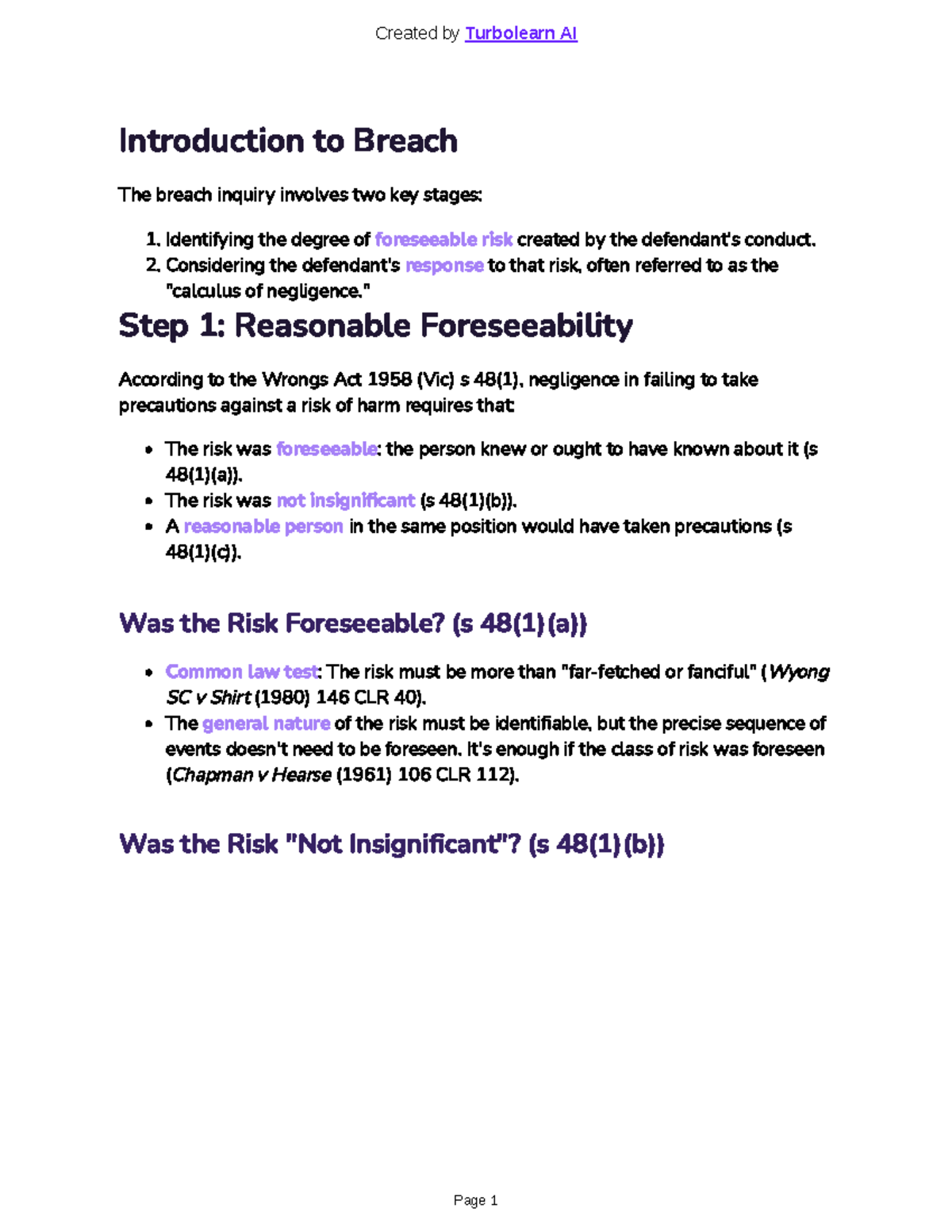 Breach of Duty: Understanding Foreseeability and Risk (LAW 101) - Studocu