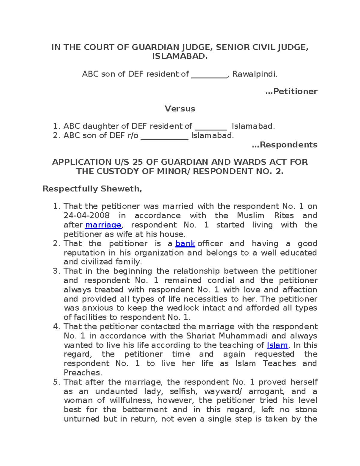 Application 25 of Guardian and Wards Act: Custody Case Overview - Studocu