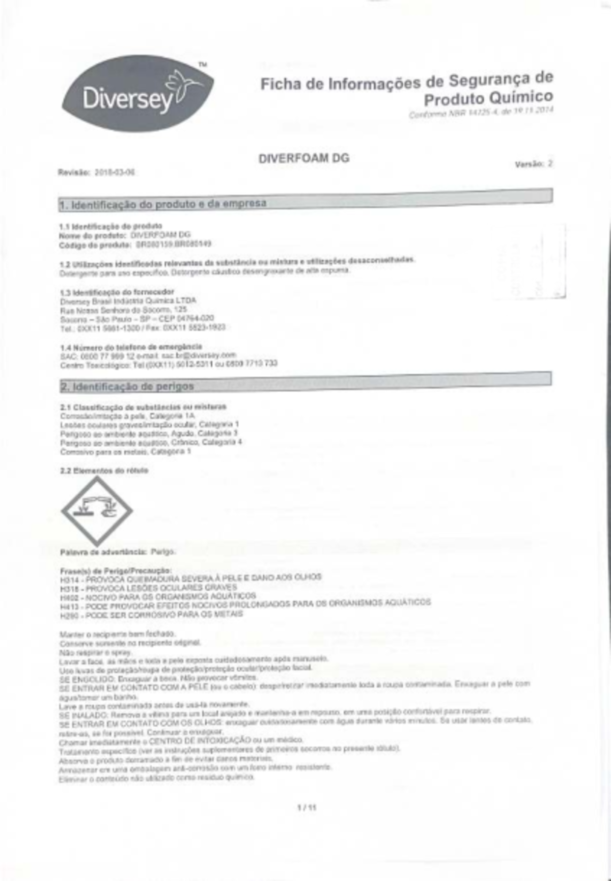 Ficha de Informações de Segurança - DIVERFOAM DG (FISPQ) - Studocu