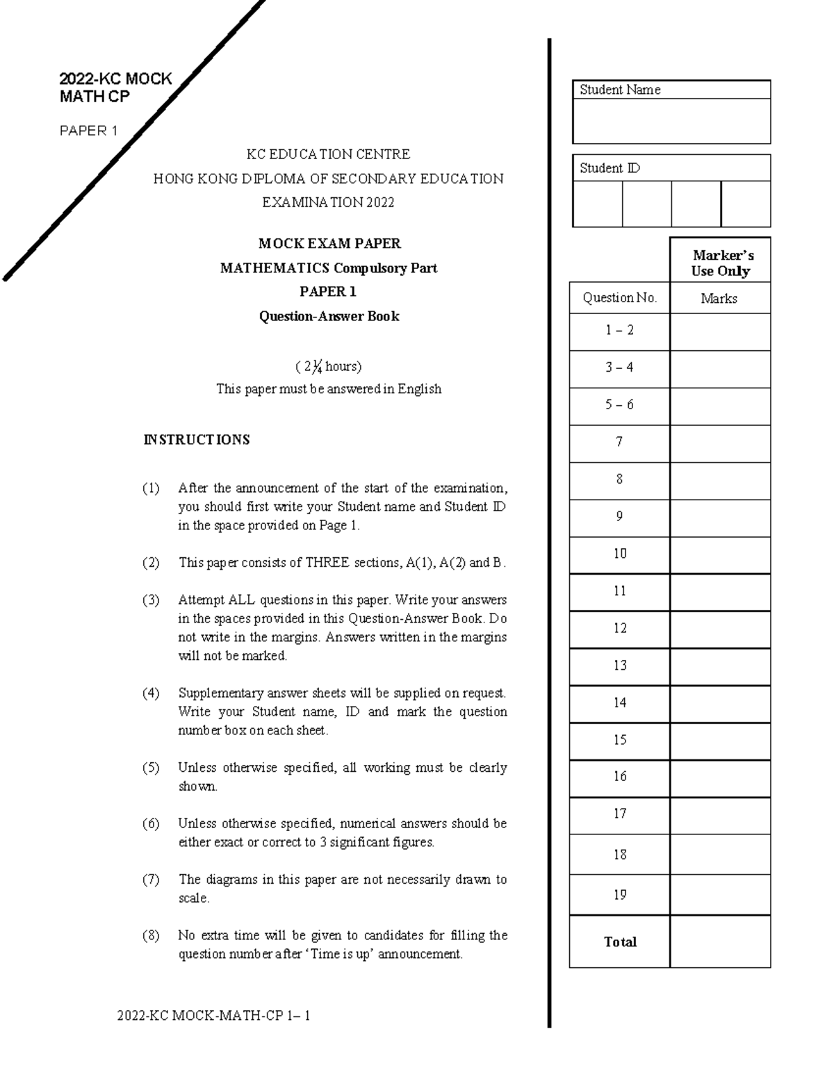 KC 2122 Mock Mathematics Exam Paper 1 - 2022 - Studocu