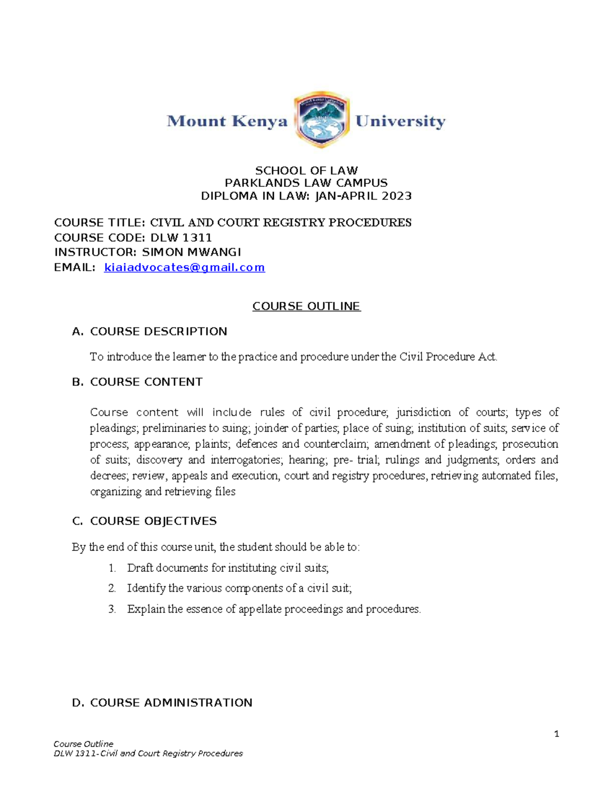 DLW 1311 Course Outline: Civil and Court Registry Procedures - Studocu