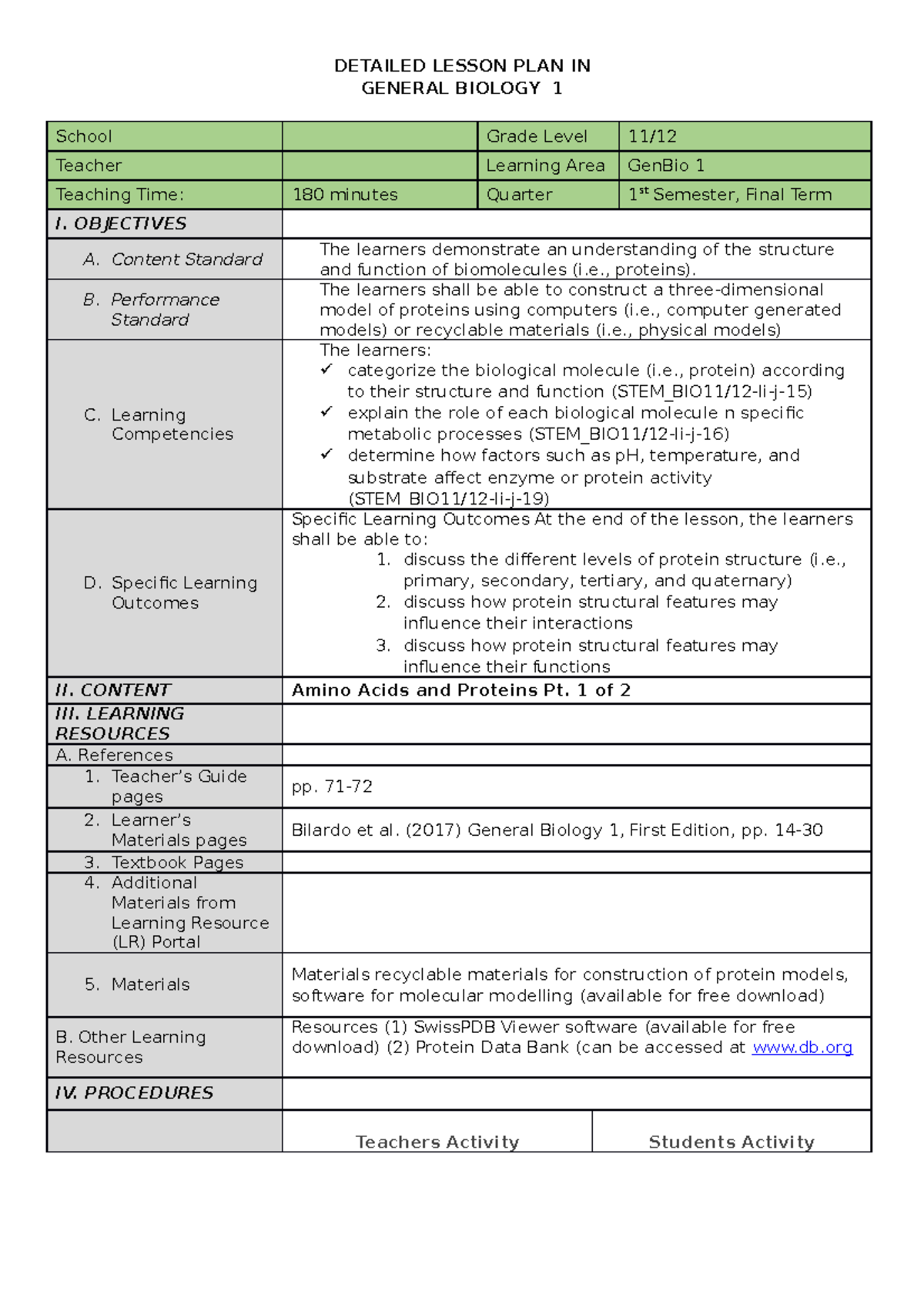 STEM BIO11/12 Final Term Lesson Plan: Amino Acids & Proteins - Studocu