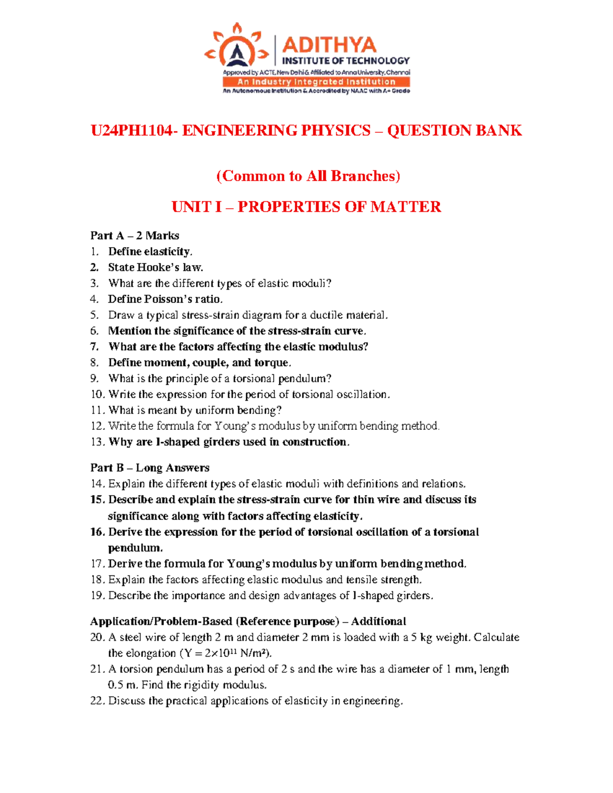 EP - Engineering Physics Question Bank R24: Properties of Matter & More ...