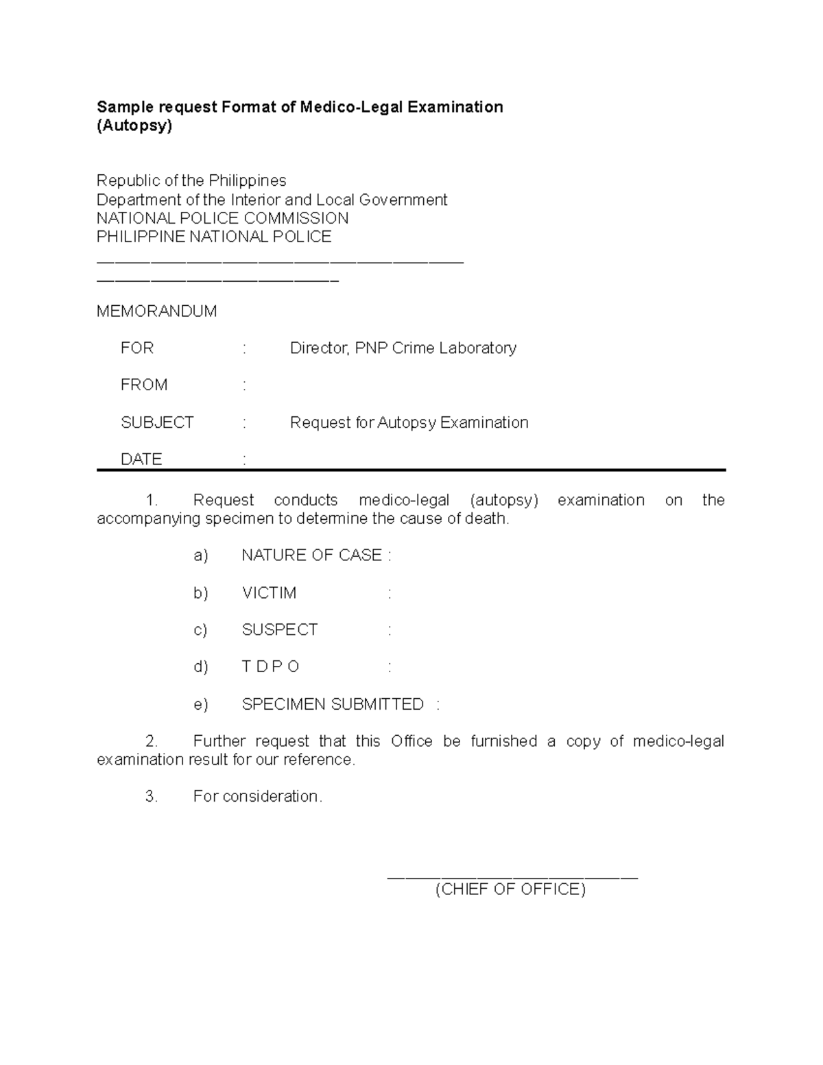 MEDICO LEGAL FORM - Sample request Format of Medico-Legal Examination ...