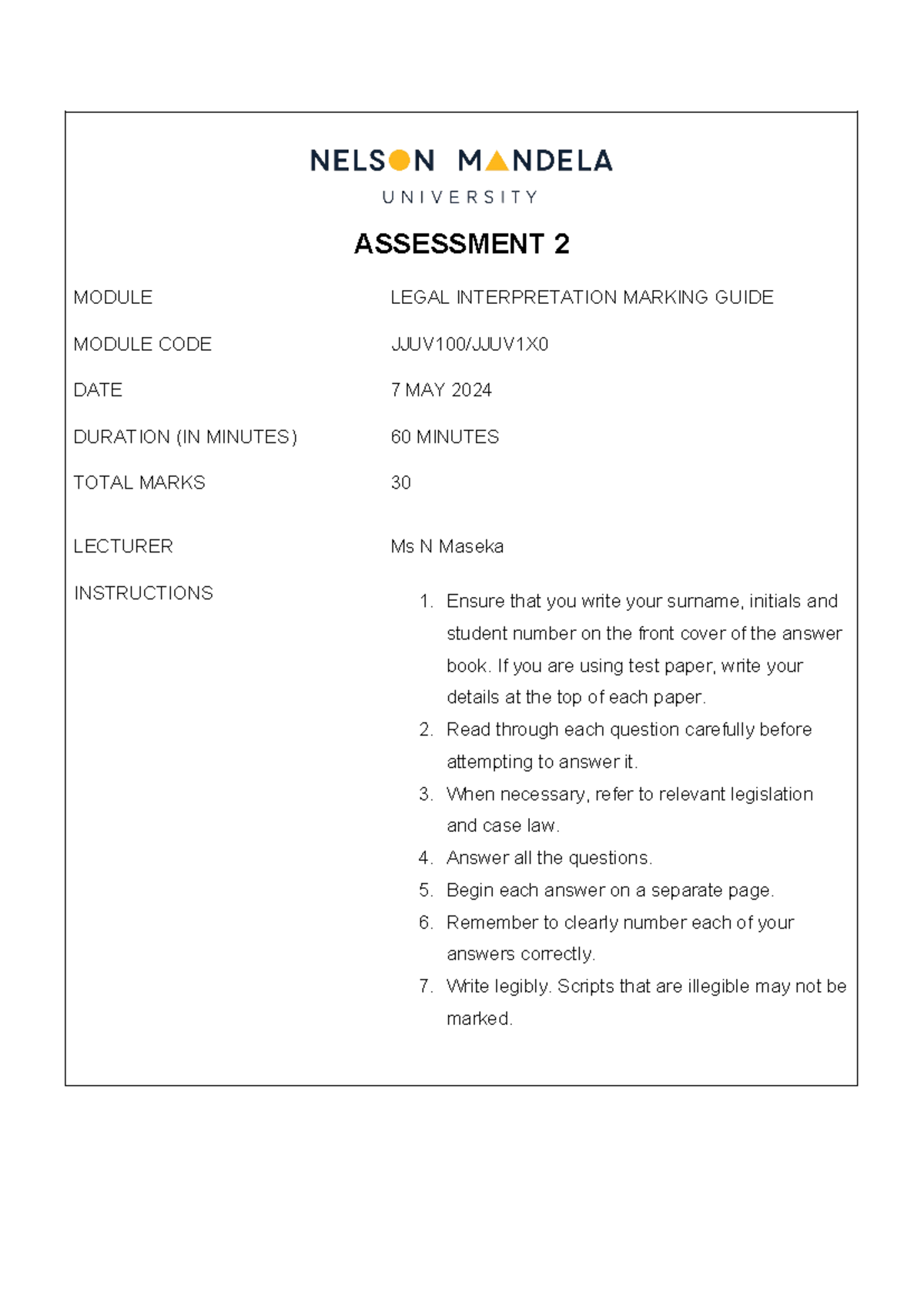 Assessment 2 Marking Guide for Legal Interpretation (JJUV100/JJUV1X ...