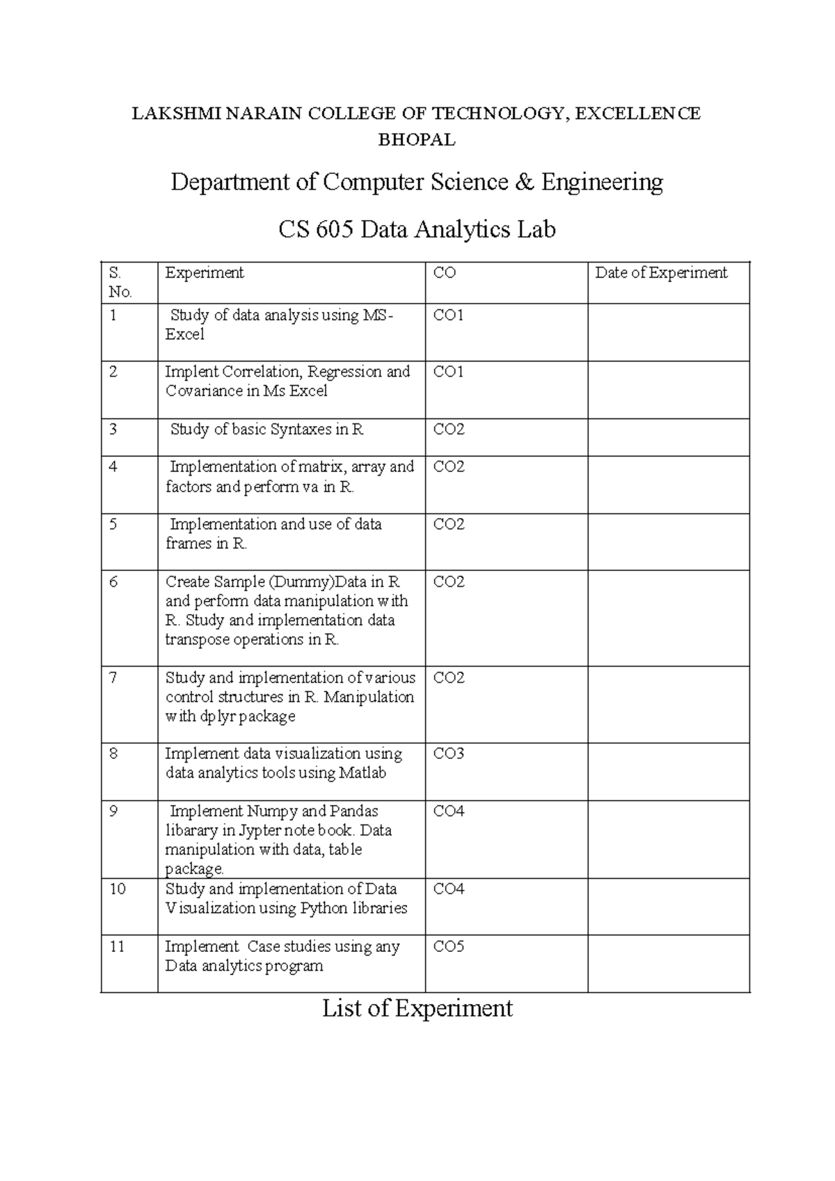 CS 605 Data Analytics Lab: Complete Practical Experiment List - Studocu