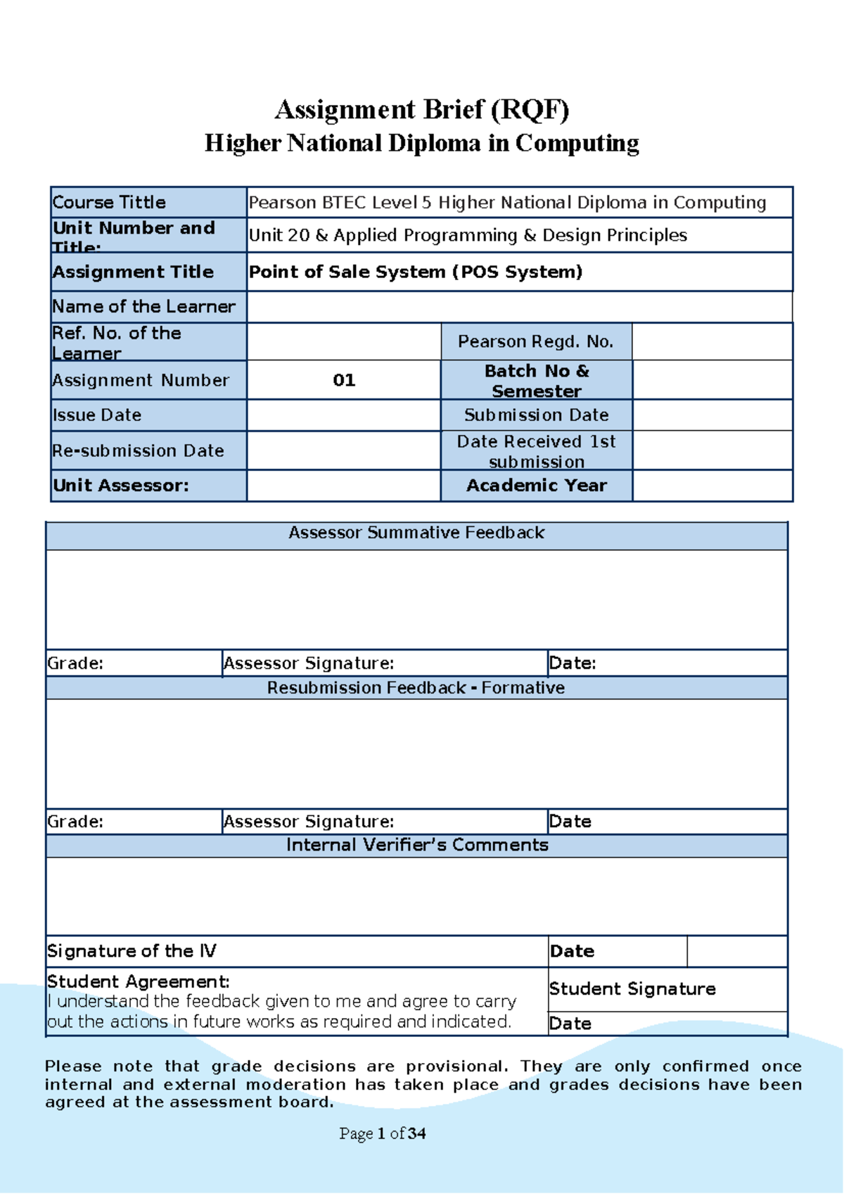 Assessment Brief for Unit 20: Applied Programming & Design Principles ...